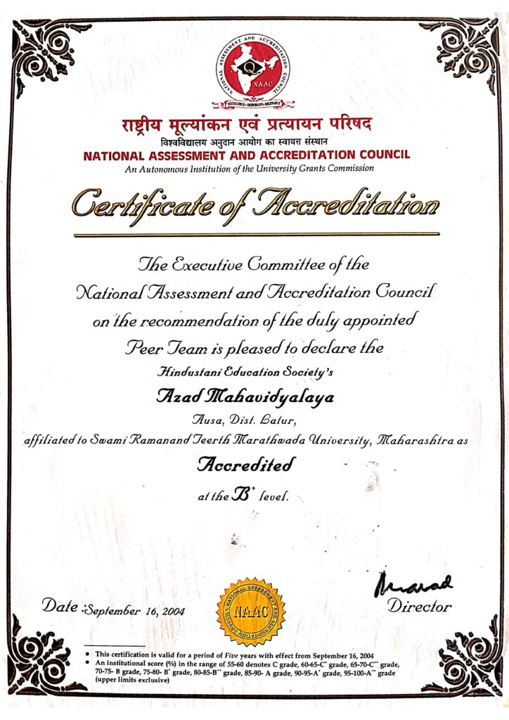 NAAC Certificate – Azad Mahavidyalaya, Ausa.